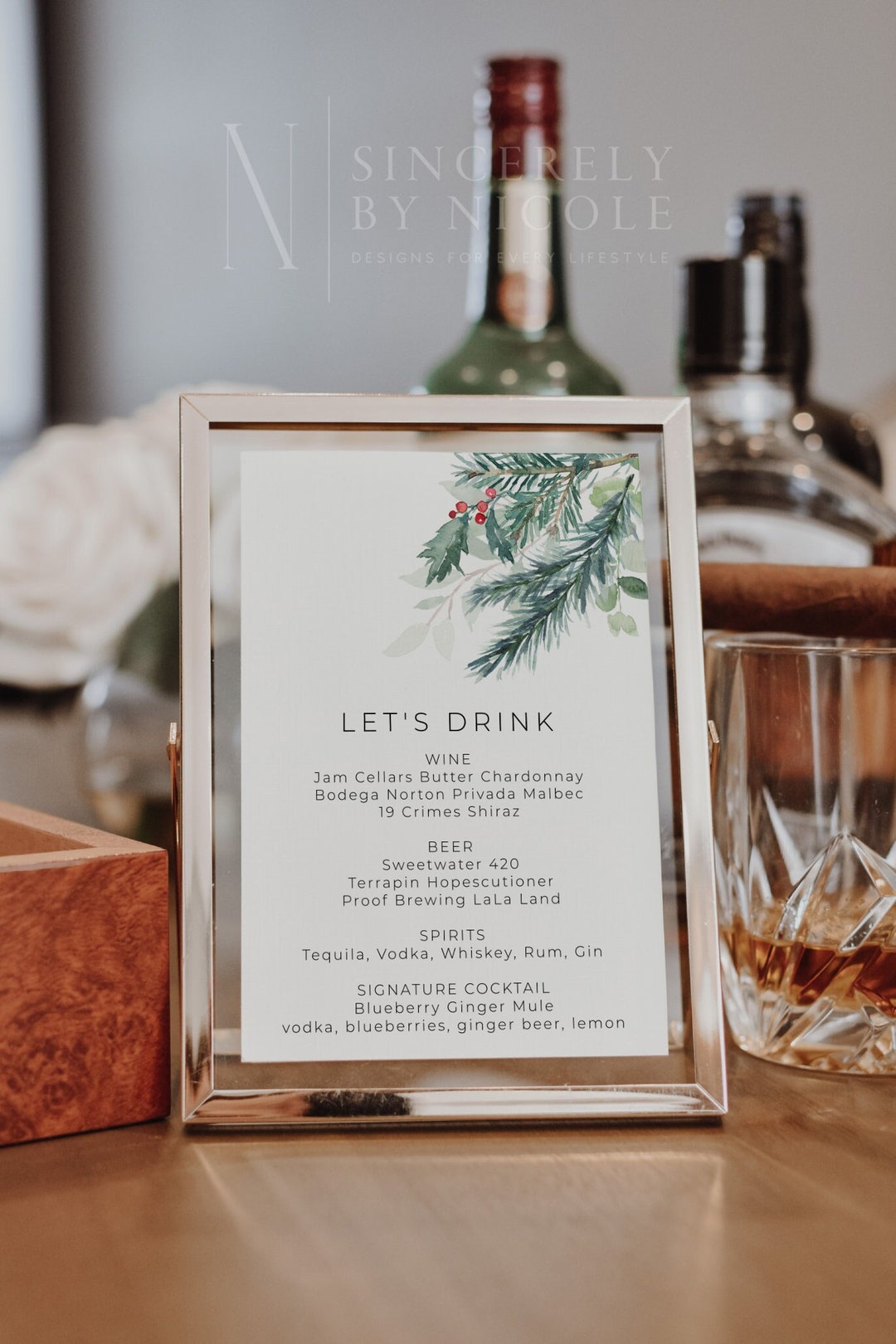 Holiday Party Let's Drink Sign, Christmas Wedding Bar Sign Template ...