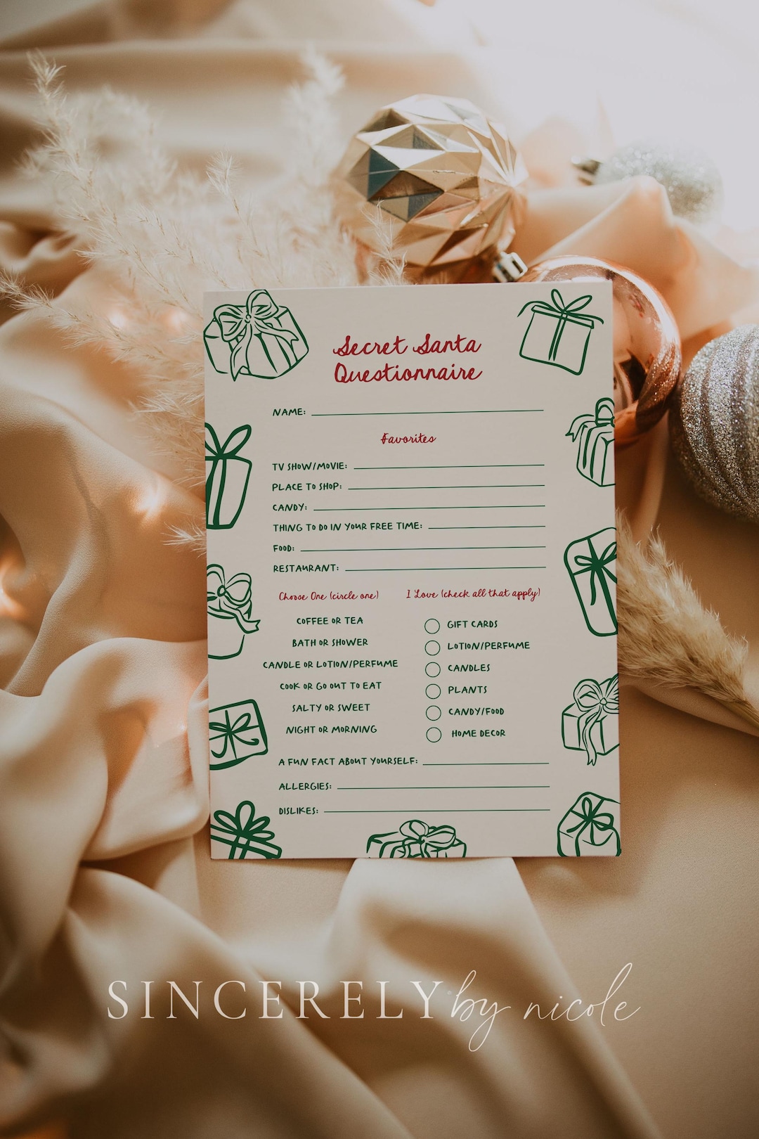 Hand Drawn Secret Santa Questionnaire, Editable Printable Secret Santa ...