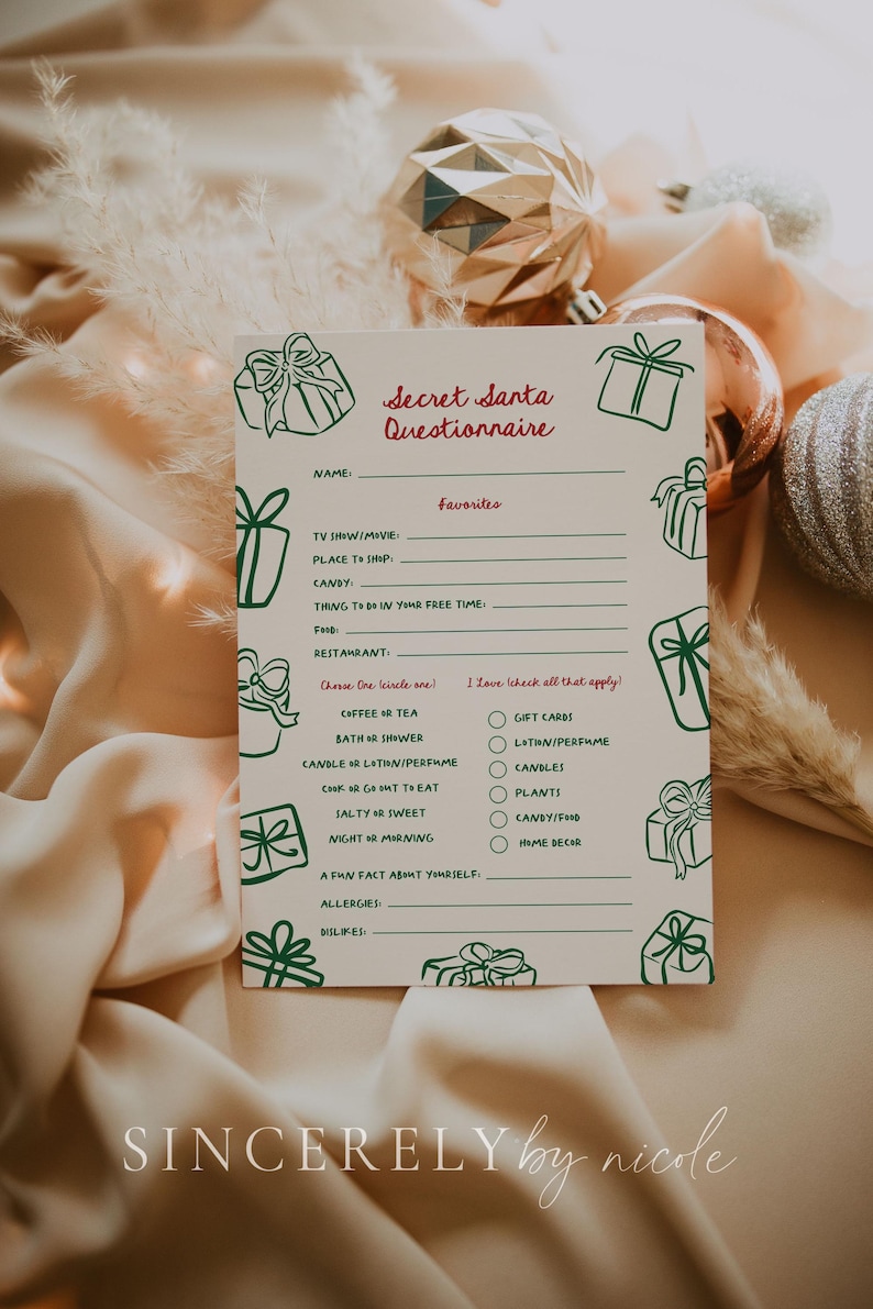 Hand Drawn Secret Santa Questionnaire, Editable Printable Secret Santa ...