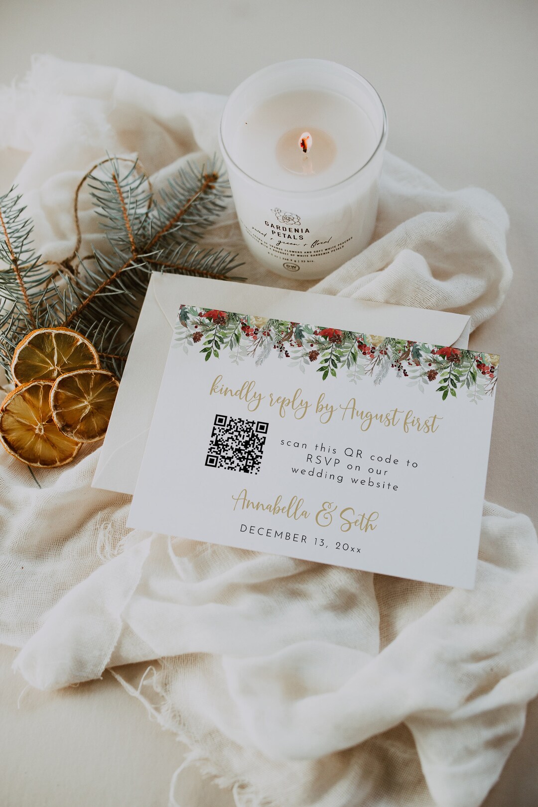Holiday Wedding QR Code Response Card, Winter Wedding RSVP QR Code ...