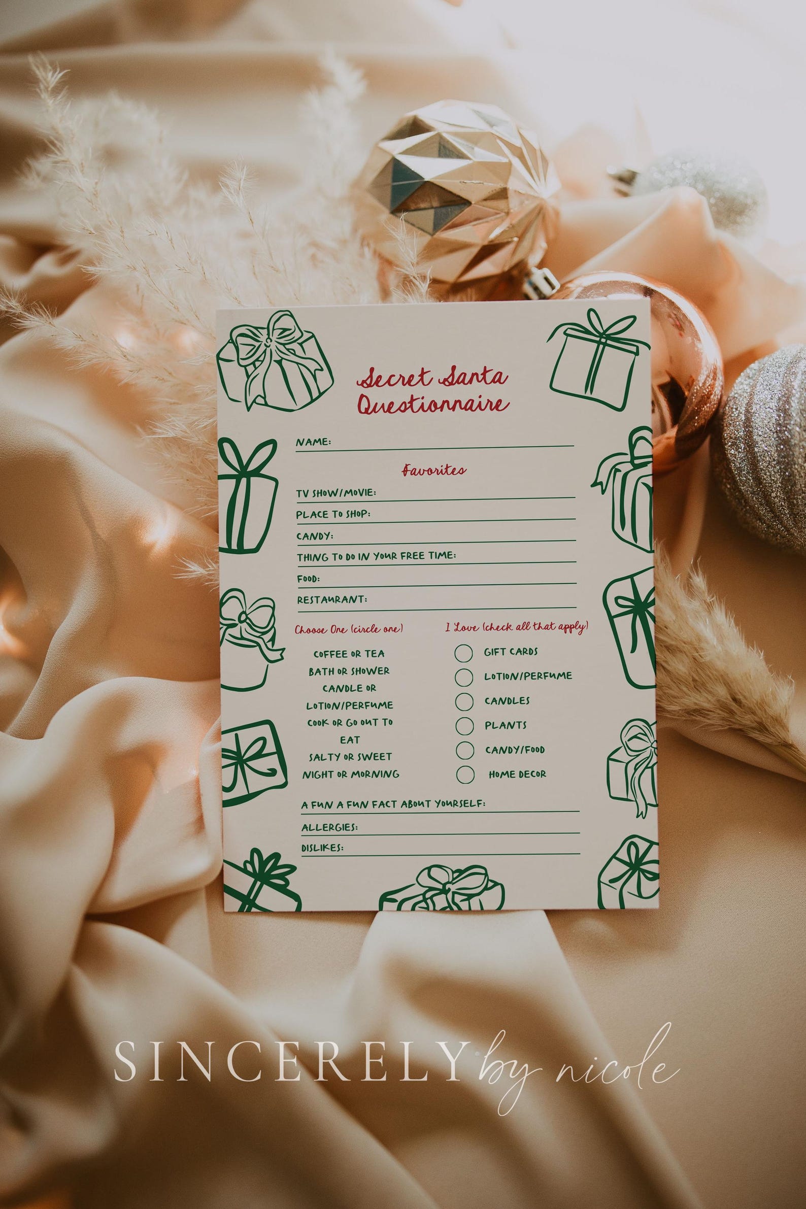 PRINTED & SHIPPED Hand Drawn Secret Santa Questionnaire, Secret Santa ...