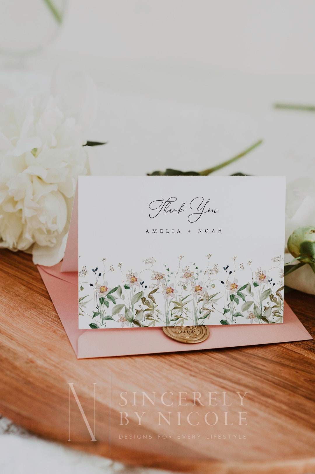 Blush Floral Wildflower Thank You Card Template, Editable Printable ...