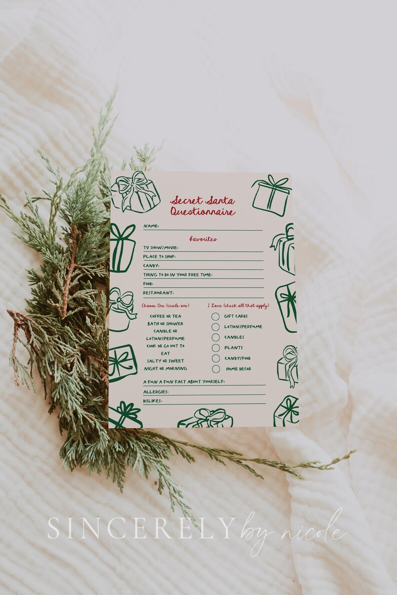 PRINTED & SHIPPED Hand Drawn Secret Santa Questionnaire, Secret Santa ...