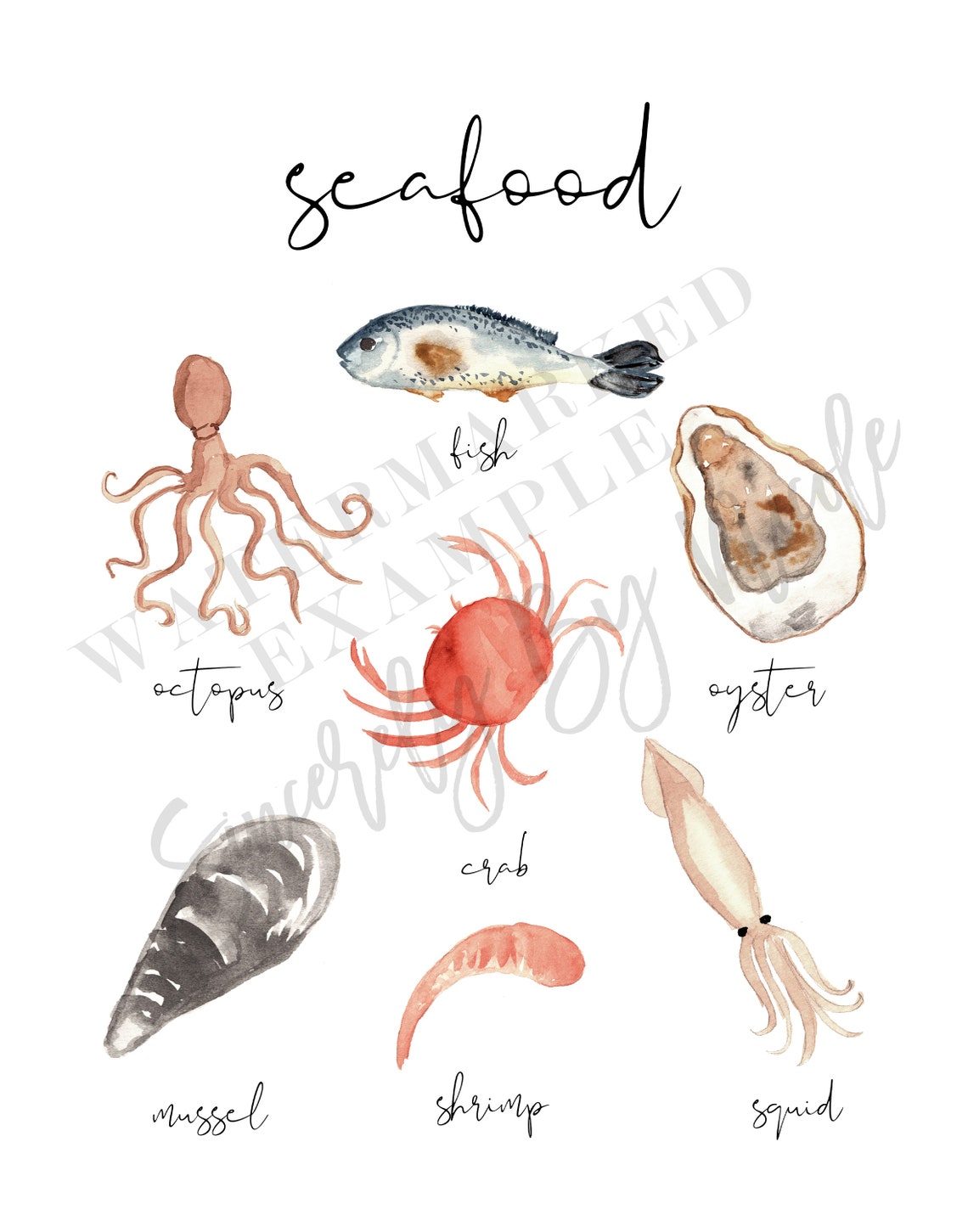 Printable Kitchen Wall Decor, Watercolor Seafood Art Print, Seafood Art ...
