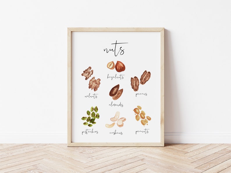 Printable Kitchen Decor, Types of Nuts Wall Print, Watercolor Nuts ...