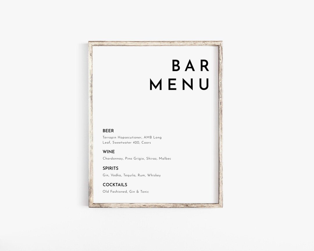 Minimalist Bar Menu Sign Template, Wedding Bar Menu Sign, Modern ...