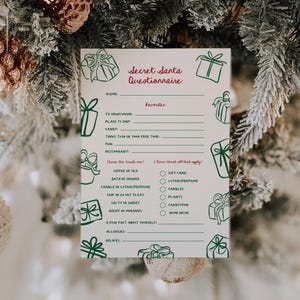 Hand Drawn Secret Santa Questionnaire, Editable Printable Secret Santa ...