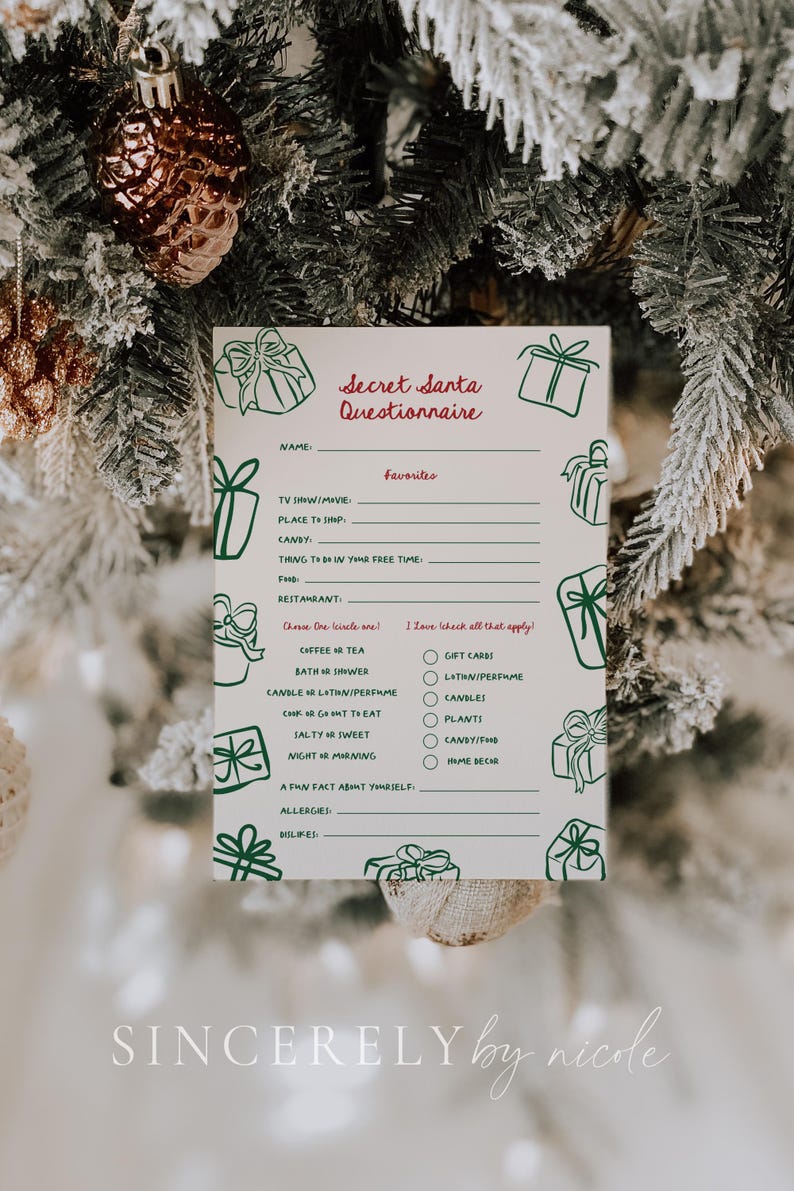 Hand Drawn Secret Santa Questionnaire, Editable Printable Secret Santa ...