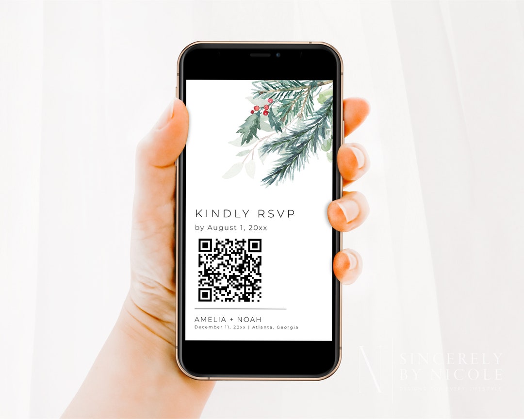 Holiday Wedding RSVP QR Code, Winter Wedding Pine RSVP Qr Code Template ...