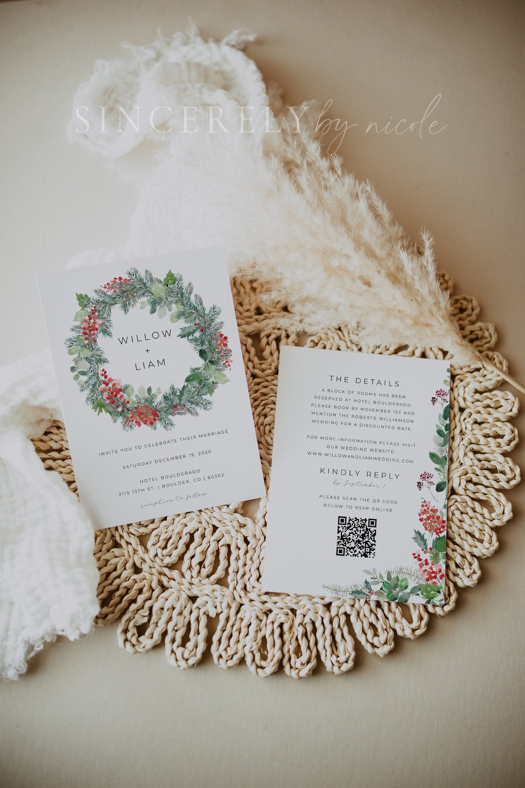 Winter Wedding Invitation, Christmas Wedding Invitations Details QR ...