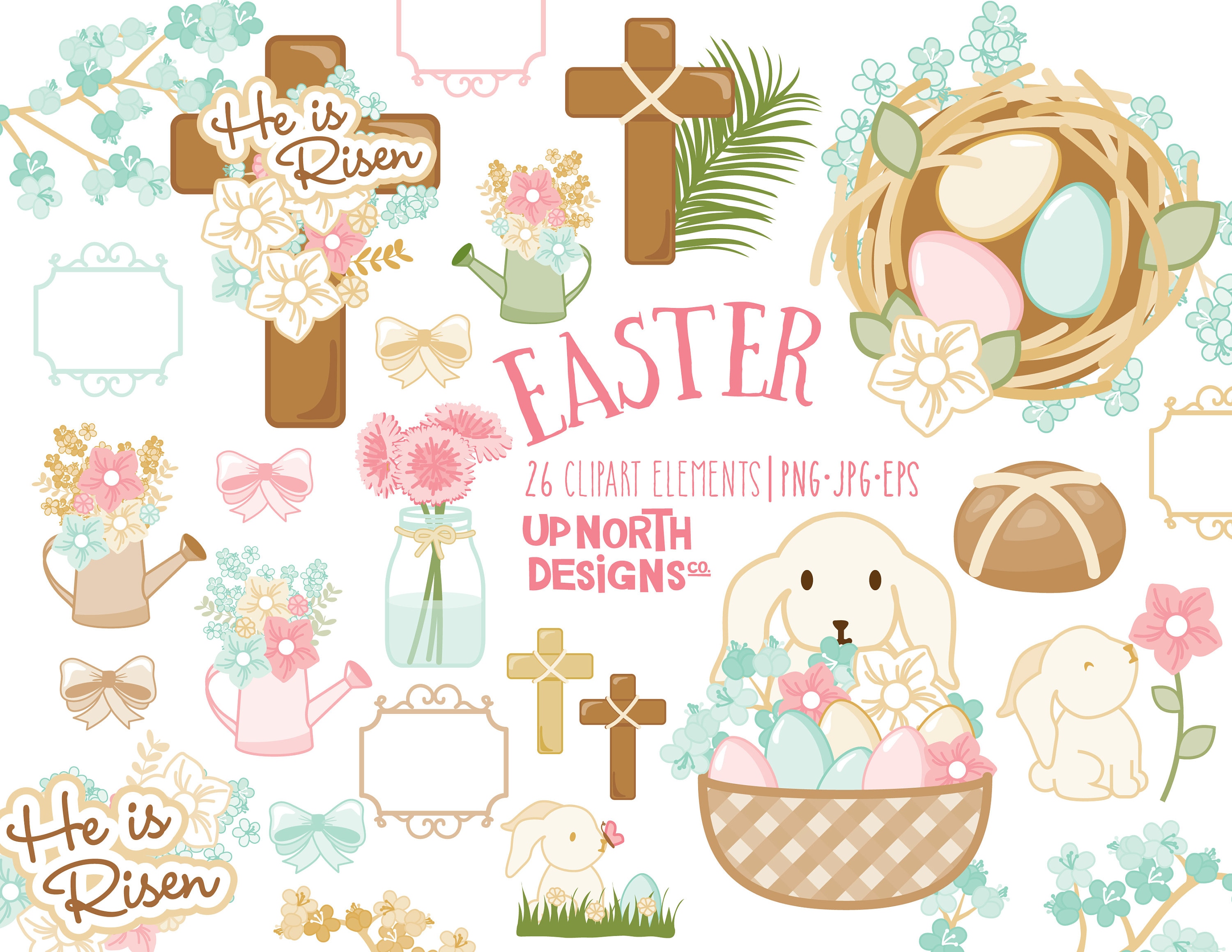 Easter Clipart Kit With Bunnies, He is Risen Cross, Flowers, Eggs in a ...