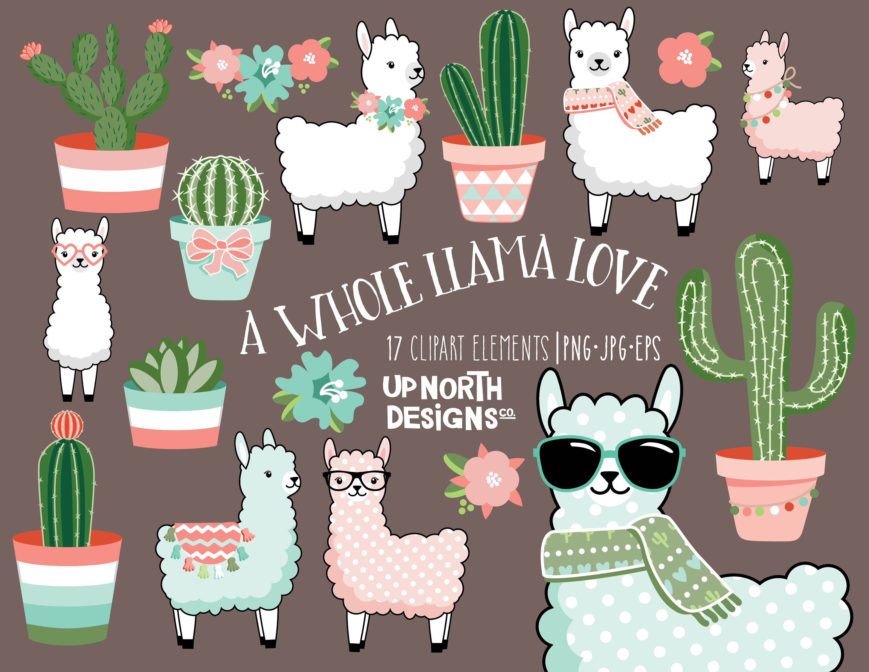 Llama Clipart Cactus and Llamas Illustrations Cute Pastel Llamas for ...