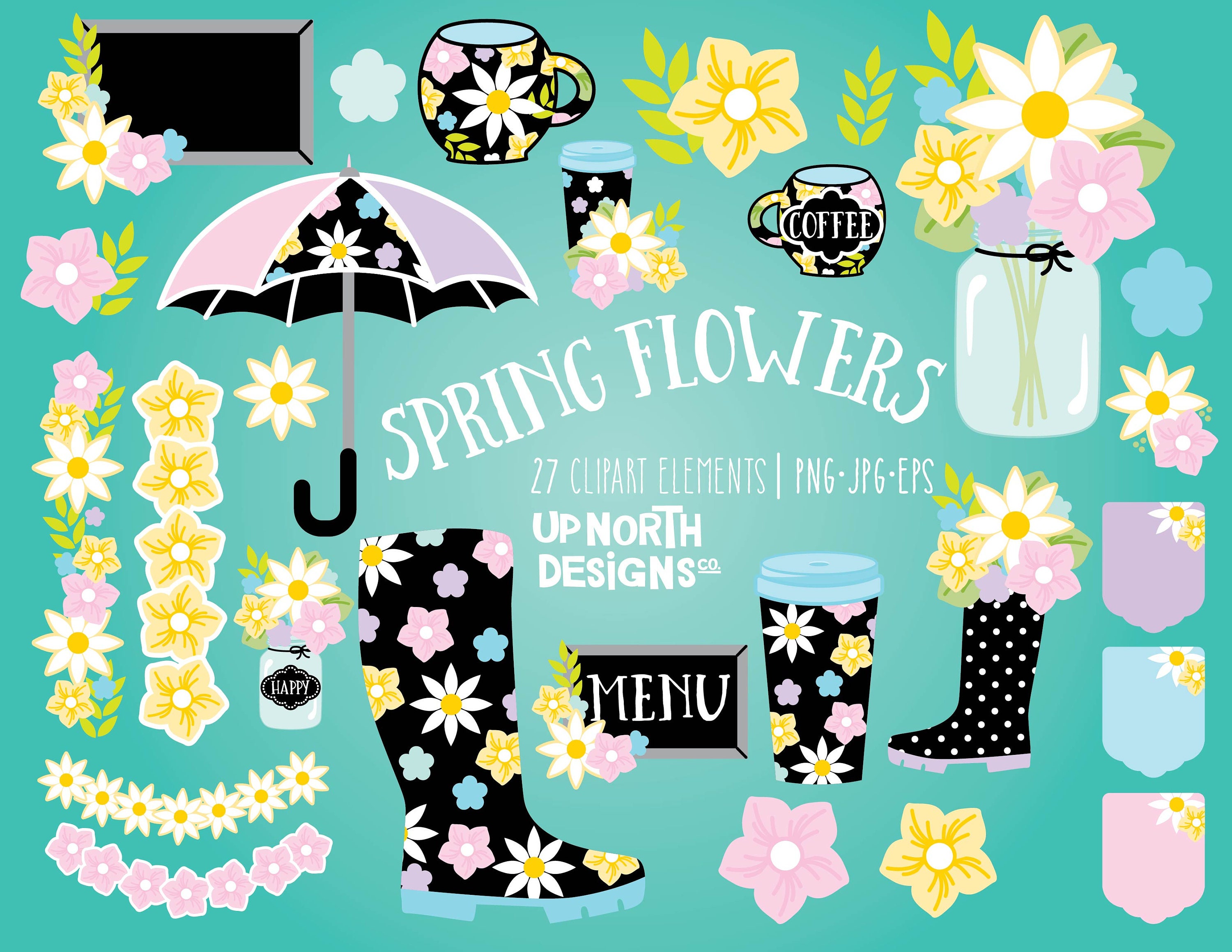 Spring Flowers Clipart Set Including a Floral Umbrella Some Floral Rain ...