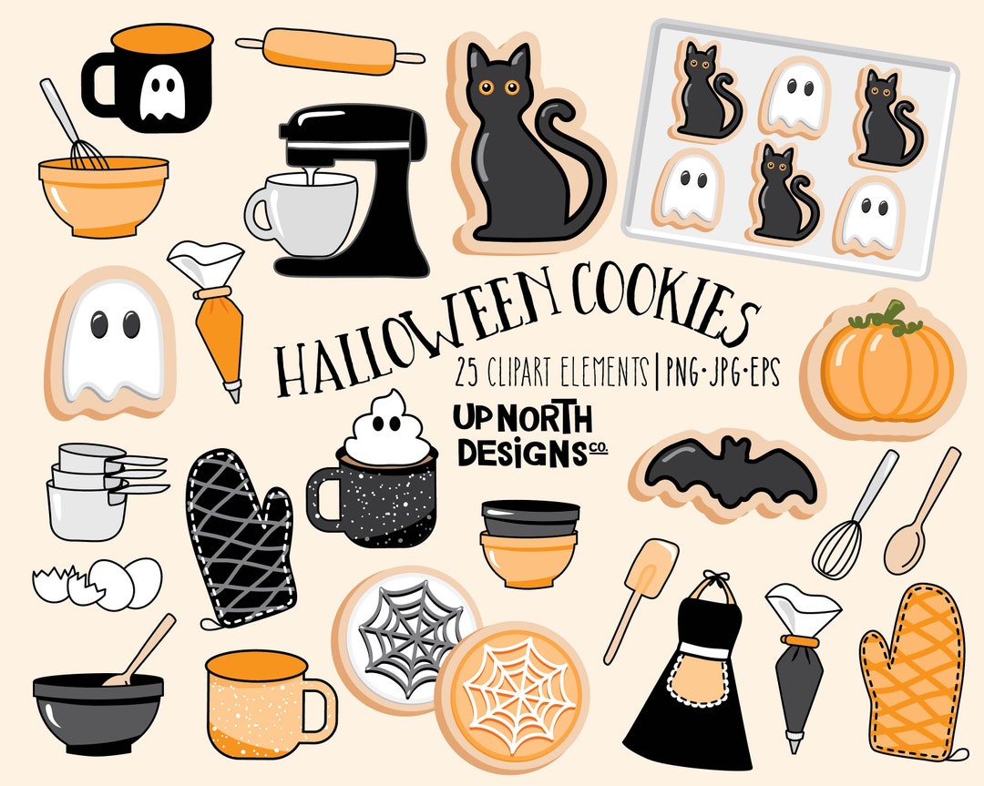 Halloween Cookie Clipart Hand Drawn Cat Cookie and Pumpkin Ghost for ...