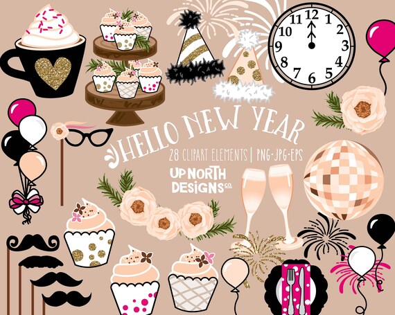 New Year Clipart Champagne Clock Illustration Cupcakes and - Etsy