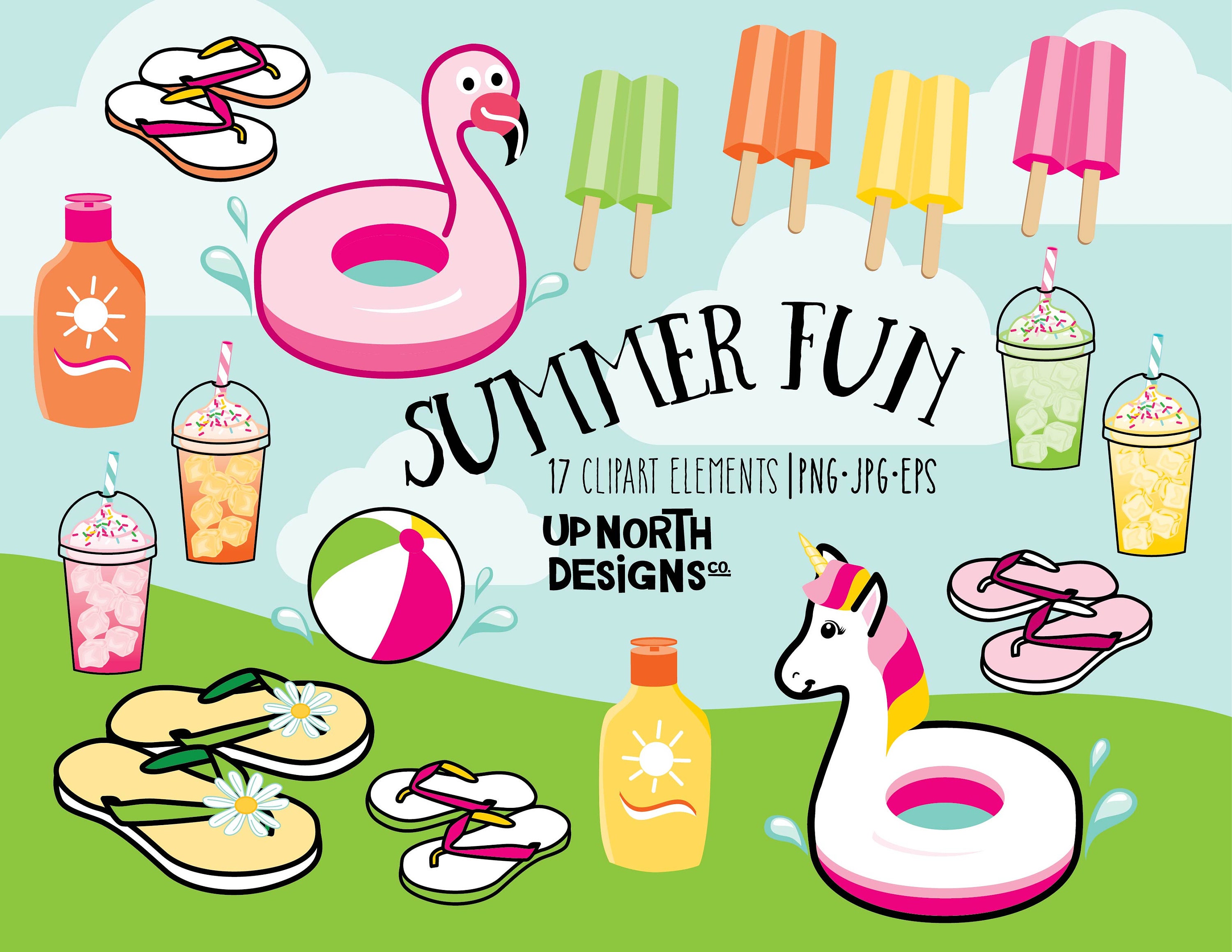 Summer Clipart Flamingo Pool Float Frozen Treats, Fun Fruit Juice Drink ...