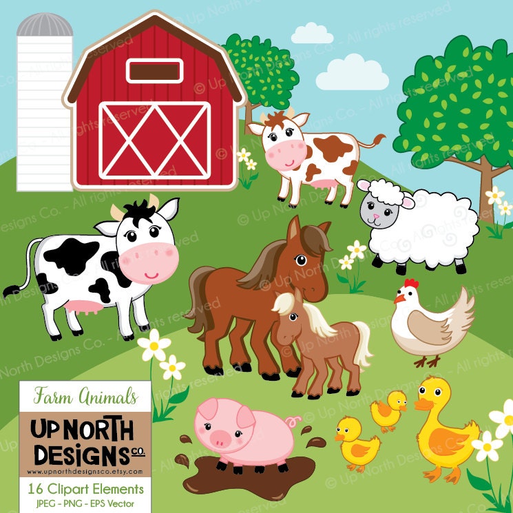 Farm Animals Clipart Cow Horse Duck Sheep Pig Illustrations Farmyard ...