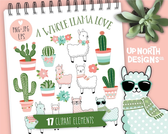 Llama Clipart Cactus and Llamas Illustrations Cute Pastel | Etsy