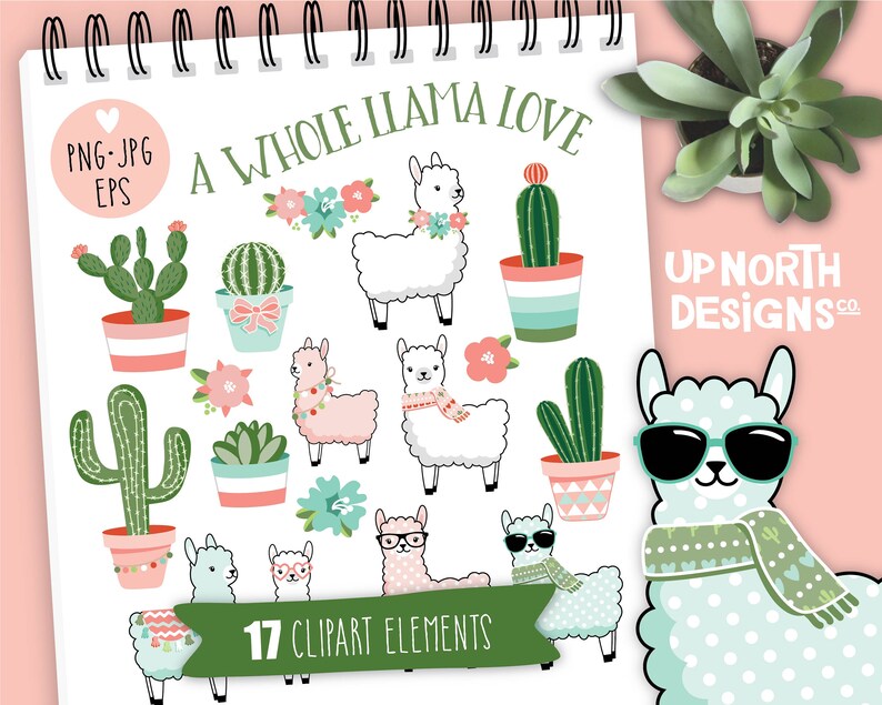 Llama Clipart Cactus and Llamas Illustrations Cute Pastel Llamas for ...