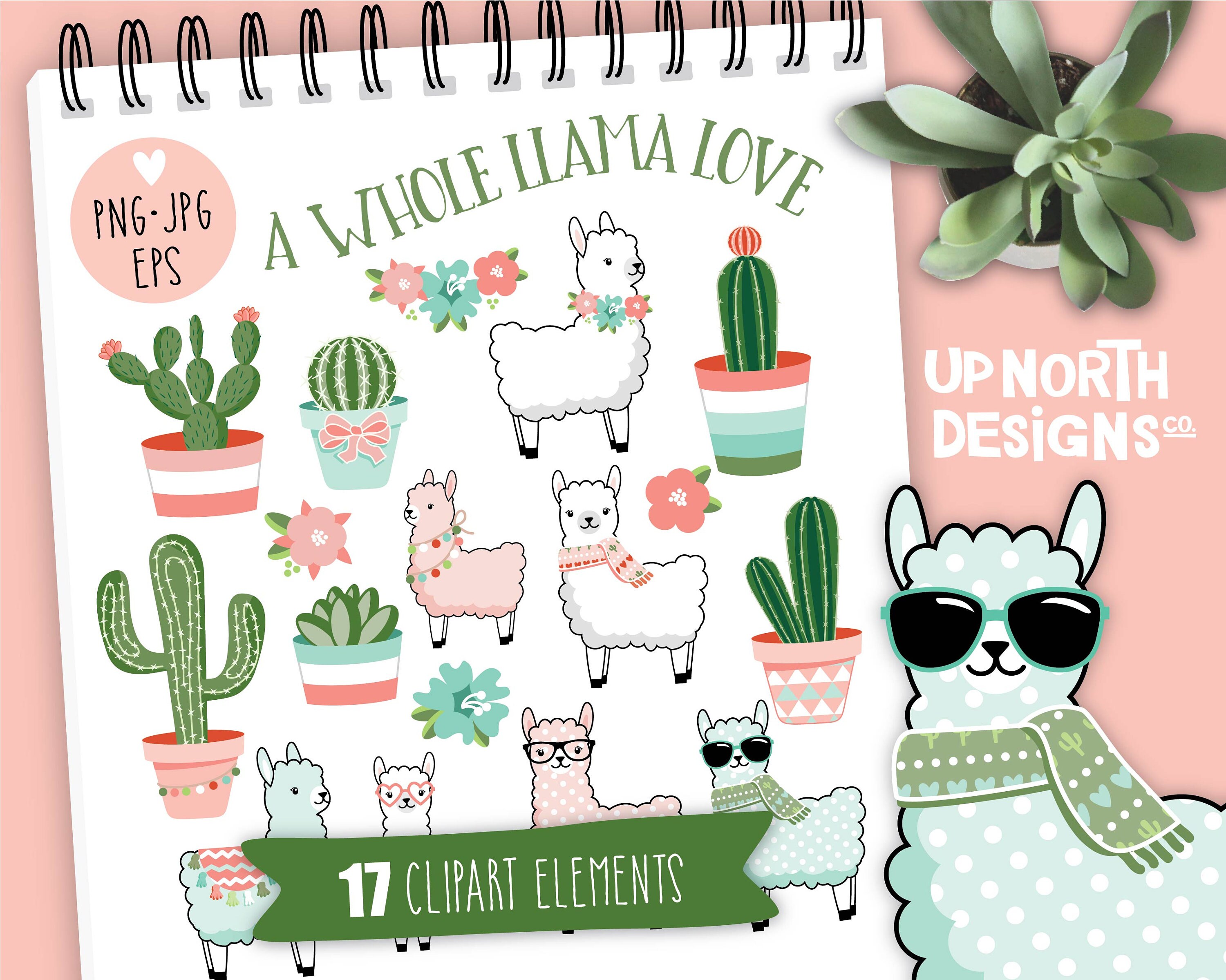 Llama Clipart Cactus and Llamas Illustrations Cute Pastel Llamas for ...