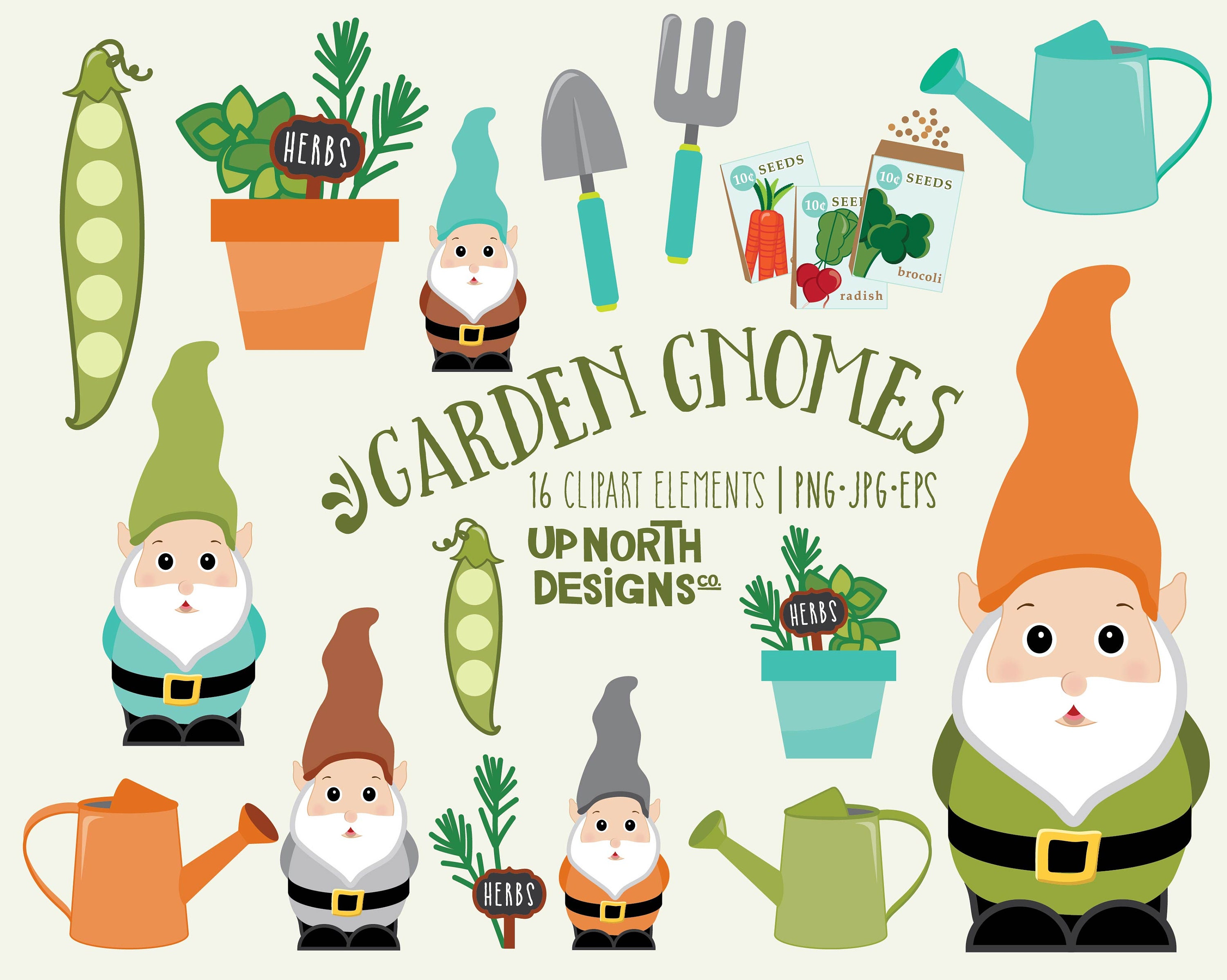 Garden Gnomes Clipart Gardening Watering Herb Plants and Seeds Clipart ...