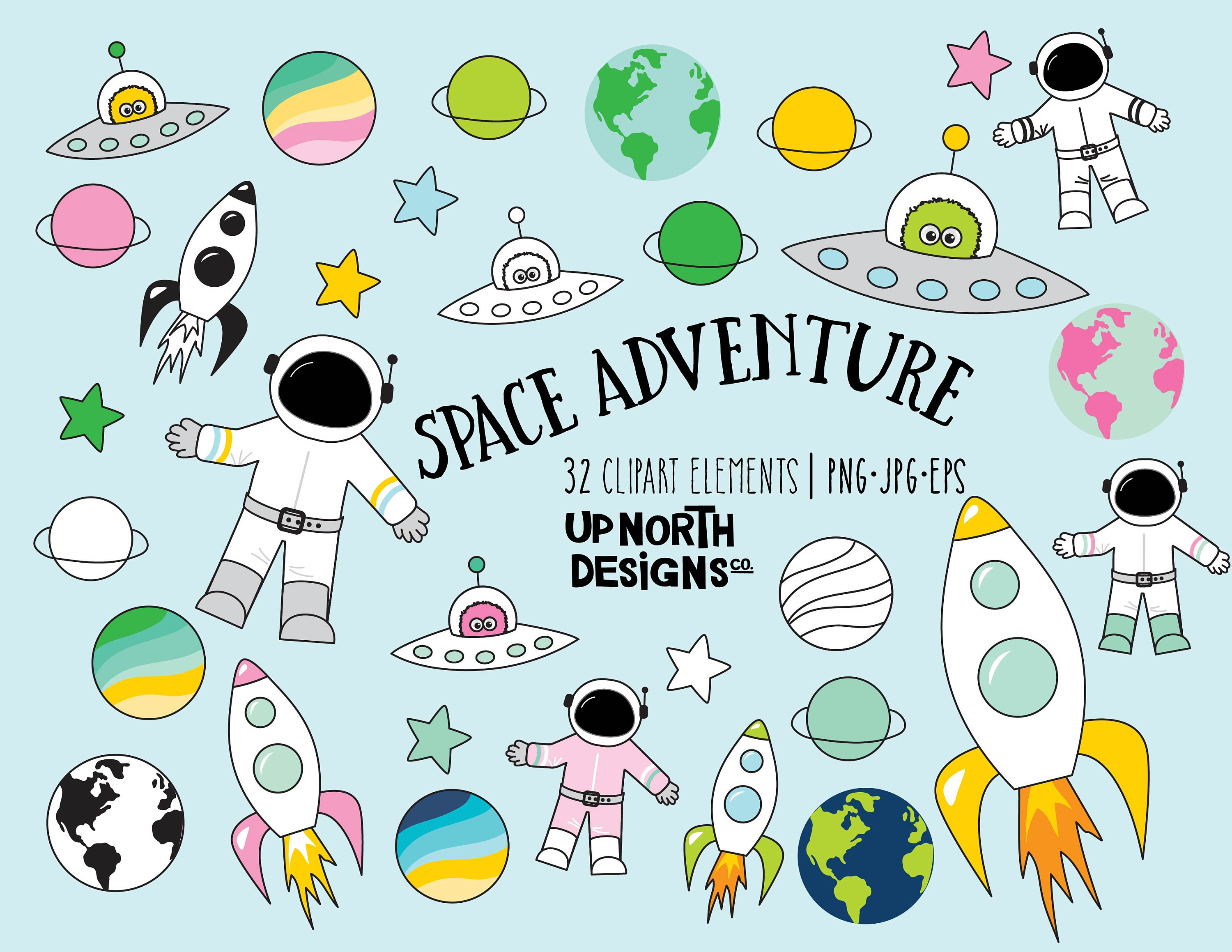 Space Clipart Includes Rockets Flying Saucers Astronauts Stars and ...