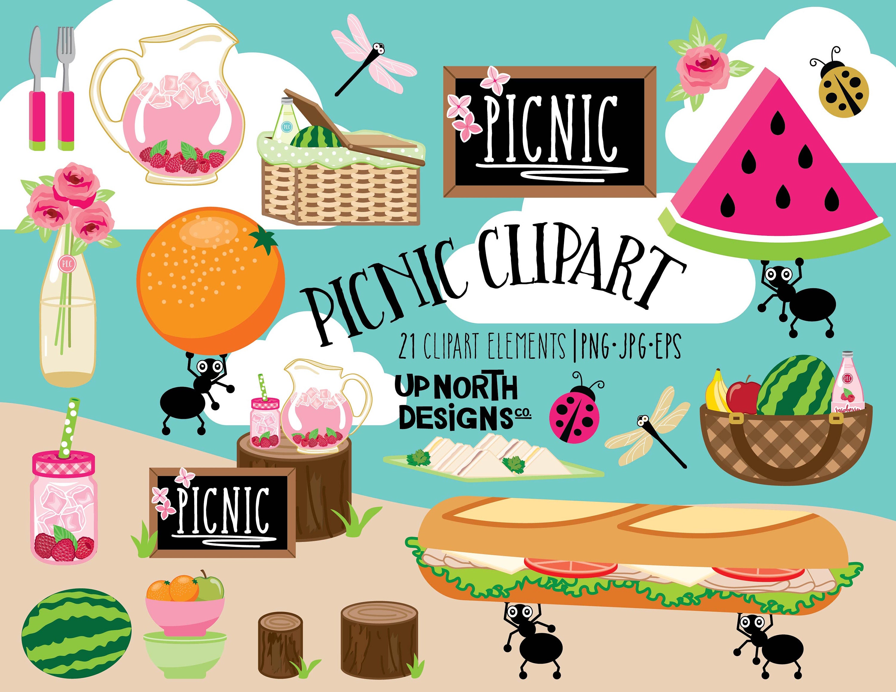 Picnic Clipart Ants Carrying Watermelon and a Submarine Sandwich Pink ...