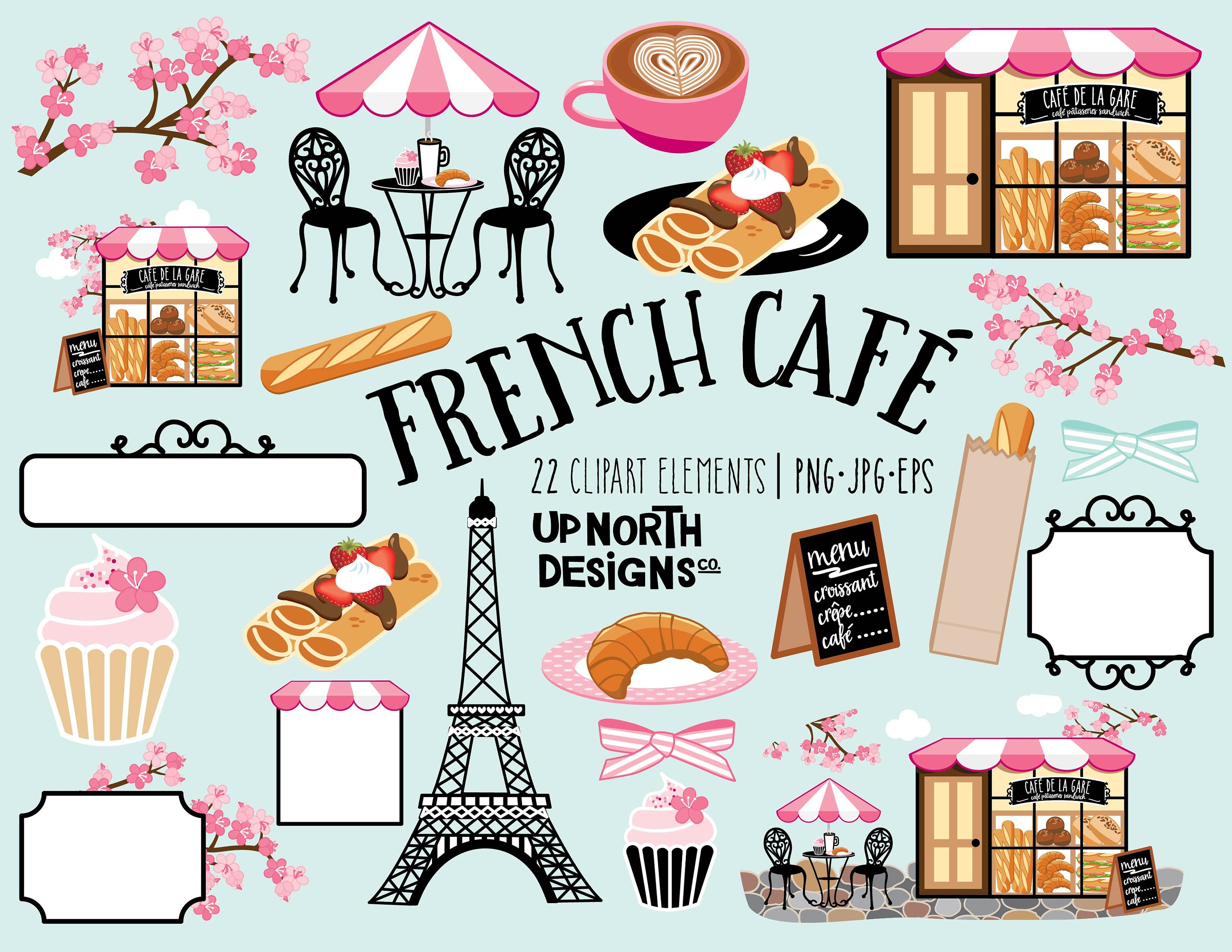 French Café Clipart Croissant Paris Clipart Coffee Baguette ...