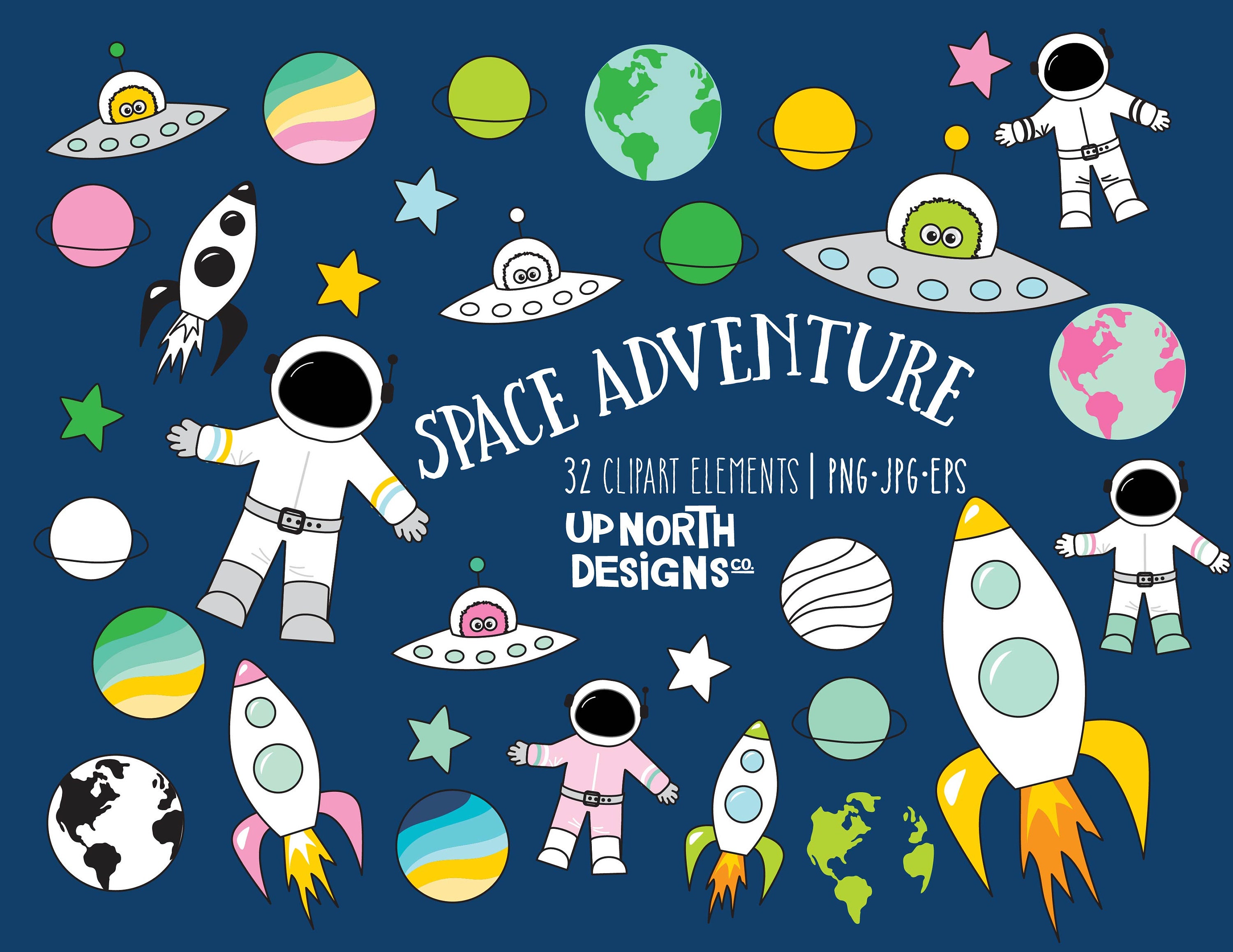 Space Clipart Includes Rockets Flying Saucers Astronauts Stars and ...
