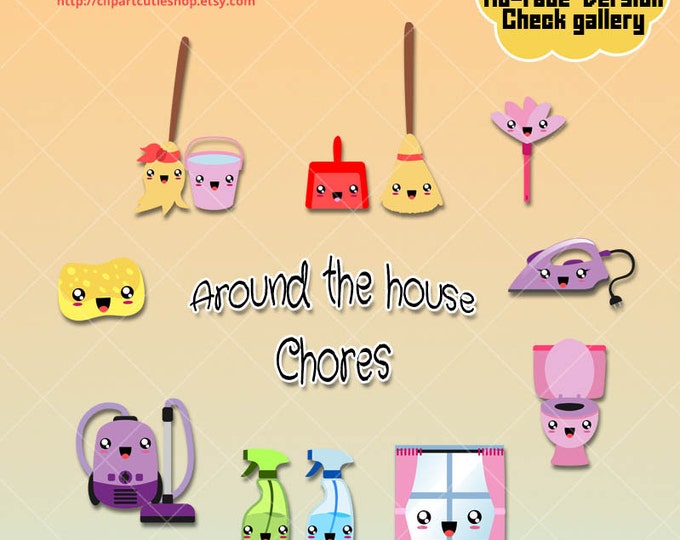 Kawaii Chores Clipart Cute Digital Graphics Fot Planner - Etsy