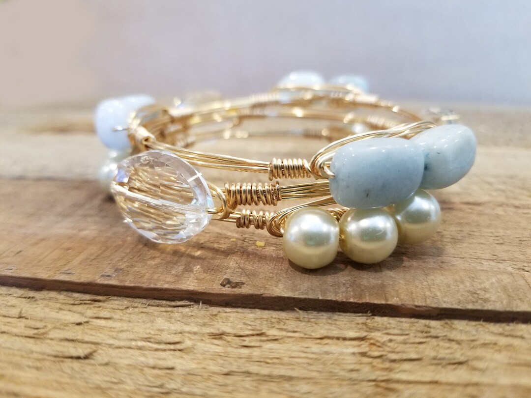 Aquamarine Bangle, Pearl Bangle and Crystal Bangle Set of 3 Wire ...