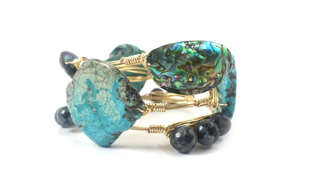 Abalone Shell Bangle, Turquoise Bangle, Labradorite Bangle Set of 3 ...
