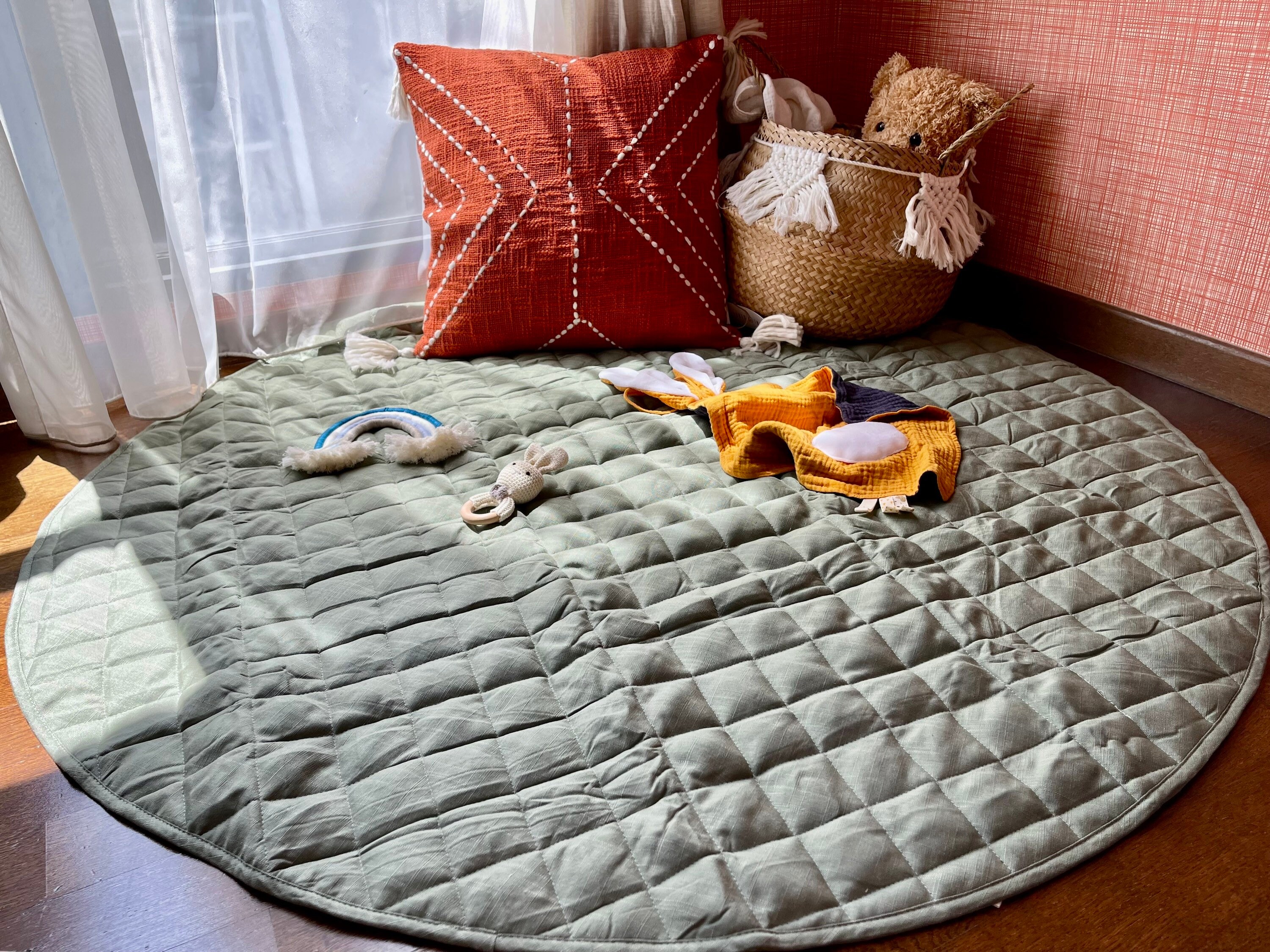 Natural Linen Baby Play Mat Round Linen Quilted Playing Rug - Etsy