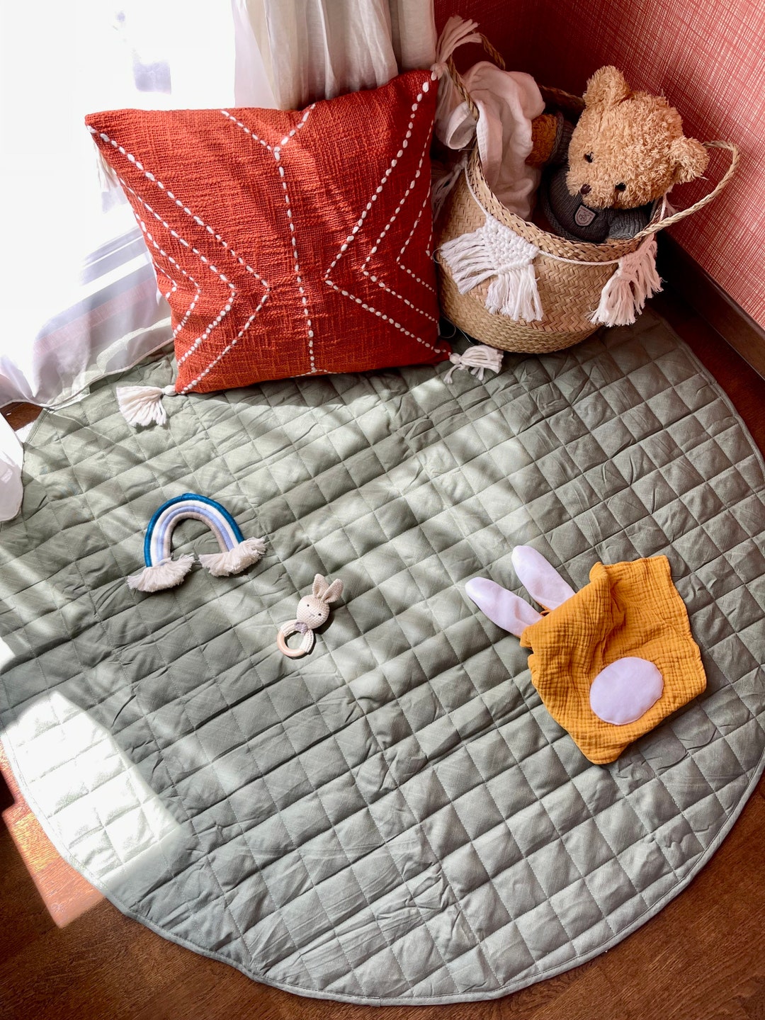 Natural Linen Baby Play Mat, Round Linen Quilted Playing Rug, Baby Gym ...