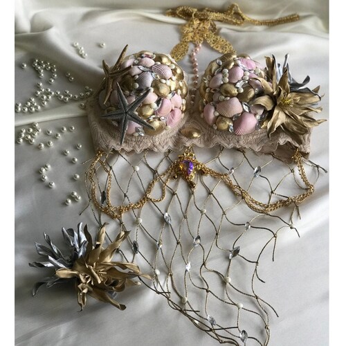 Mermaid Bra Seashell Top Siren Shell Gold Pink Dance Fishnet - Etsy