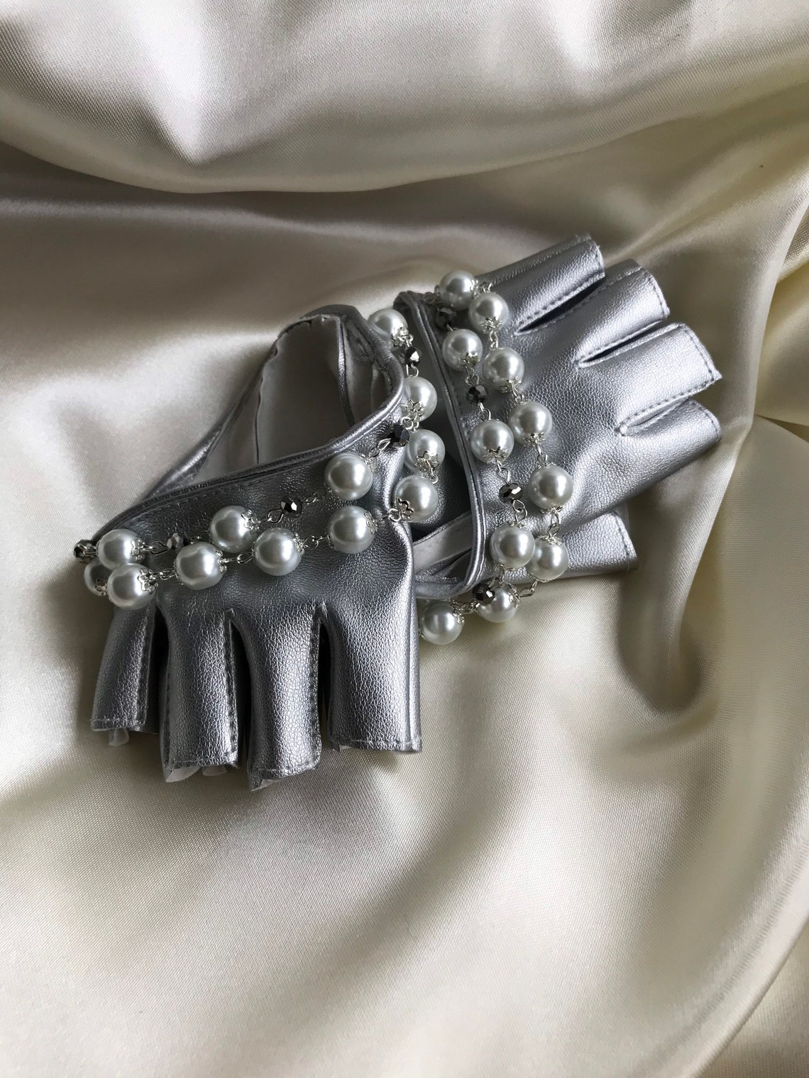 Fingerless Gloves Pearl Rhinestone Silver Women Faux Leather Crystal ...