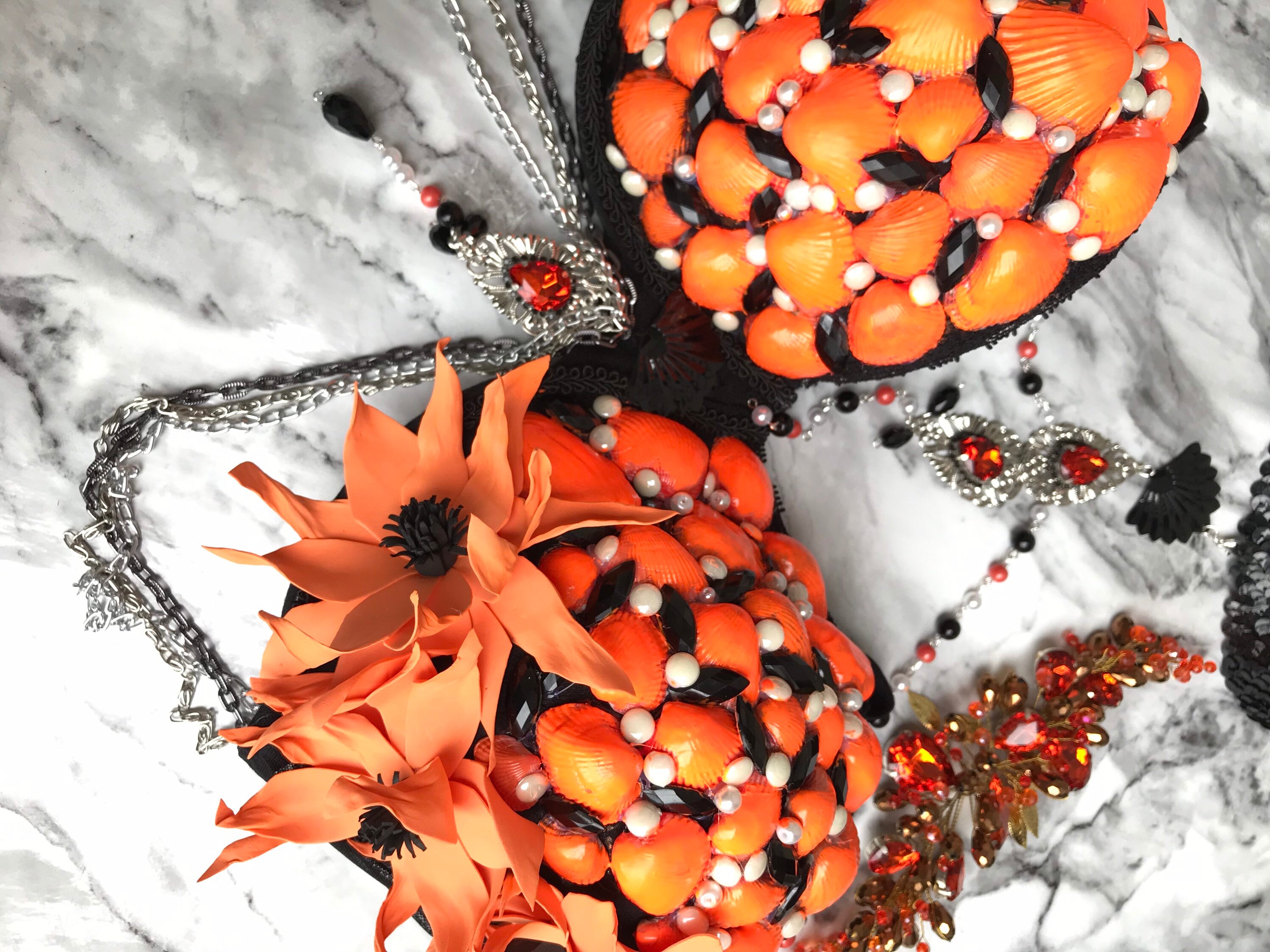 Helloween Hot Orange Mermaid Bra Shell Black Pearl Flower Crown Dance ...