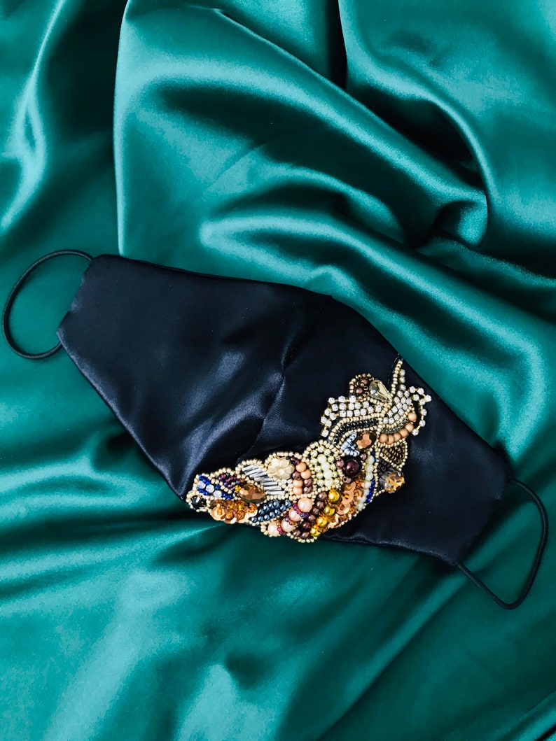 Rhinestone Face Mask Satin Crystals Black Silk Feather | Etsy