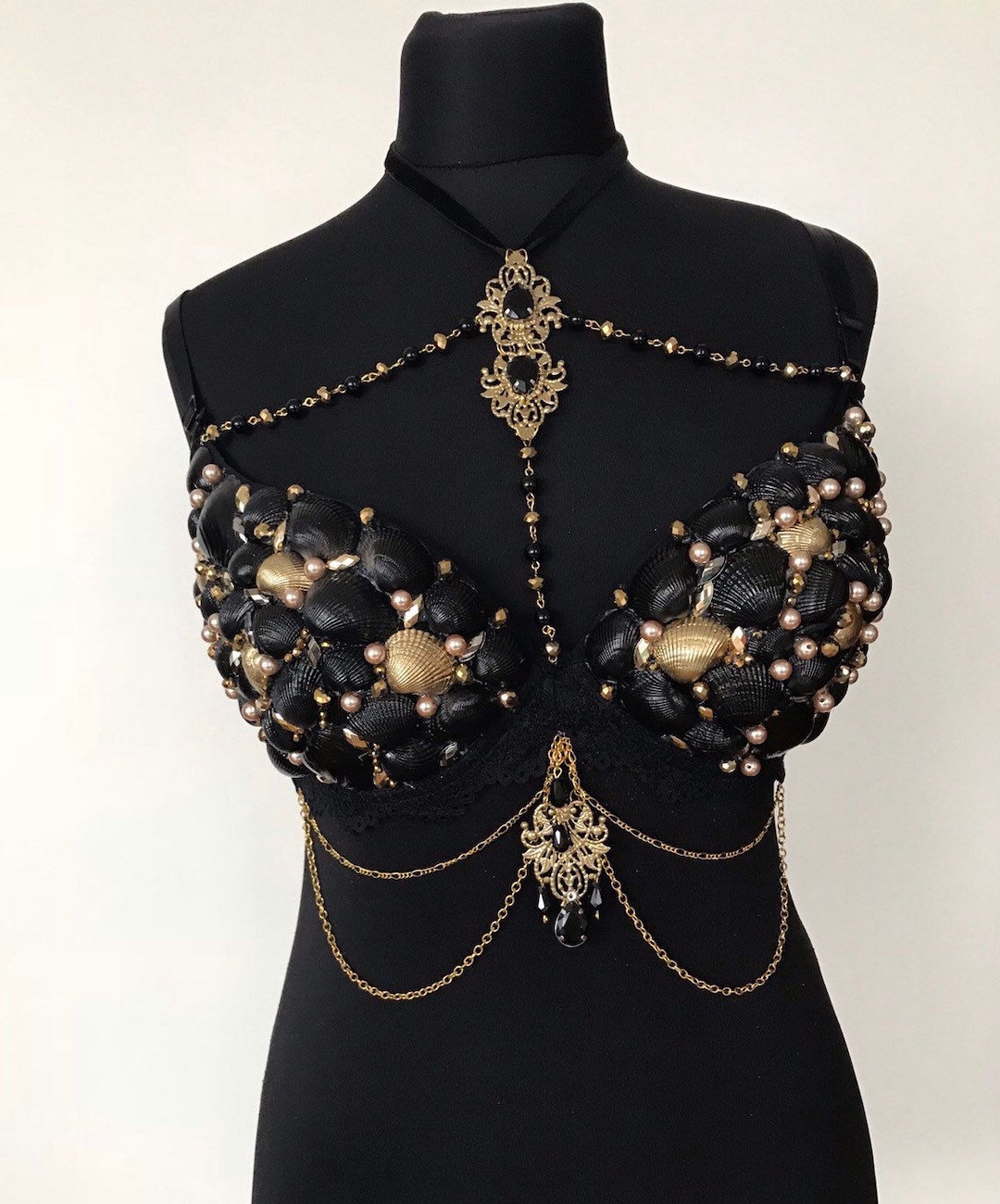 Mermaid Bra Shell Black Gold Dance Seashell Raw Wedding Top Costume Sea ...