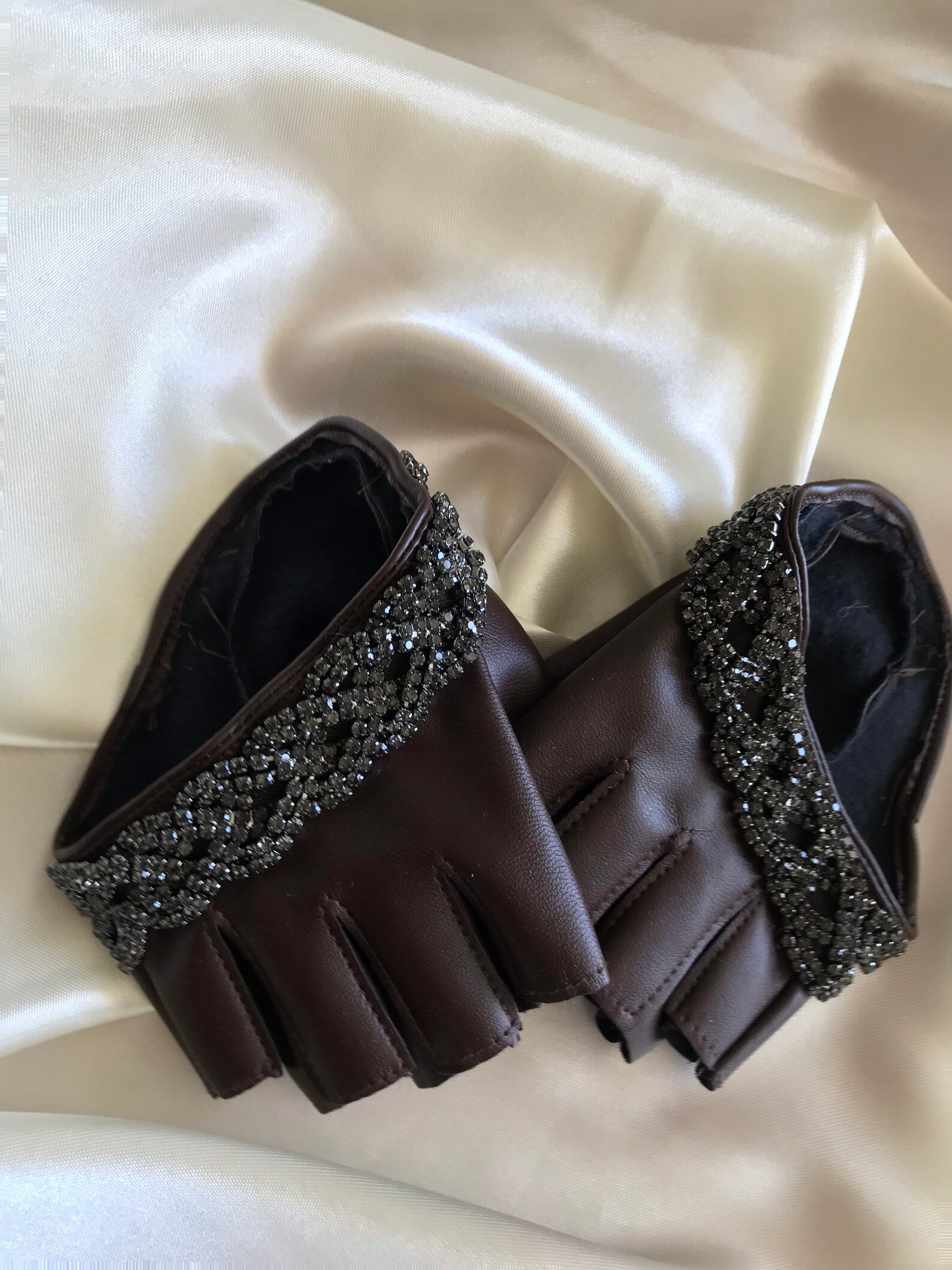 Fingerless Gloves Dark Brown Mittens Rhinestone Black Crystal - Etsy