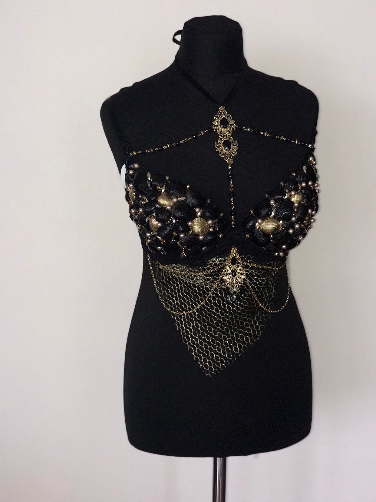 Mermaid Bra Shell Black Fishing Net Gold Dance seashell Raw | Etsy