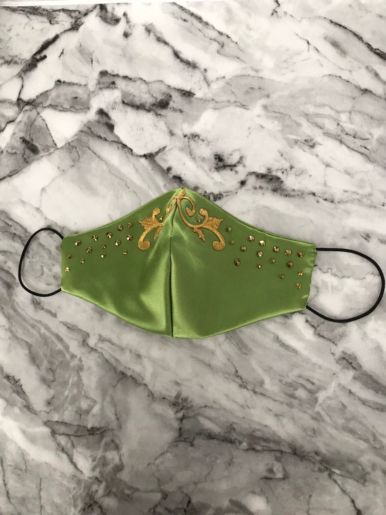 Lime Green Face Mask Satin Rhinestone Crystals Gold Silk | Etsy