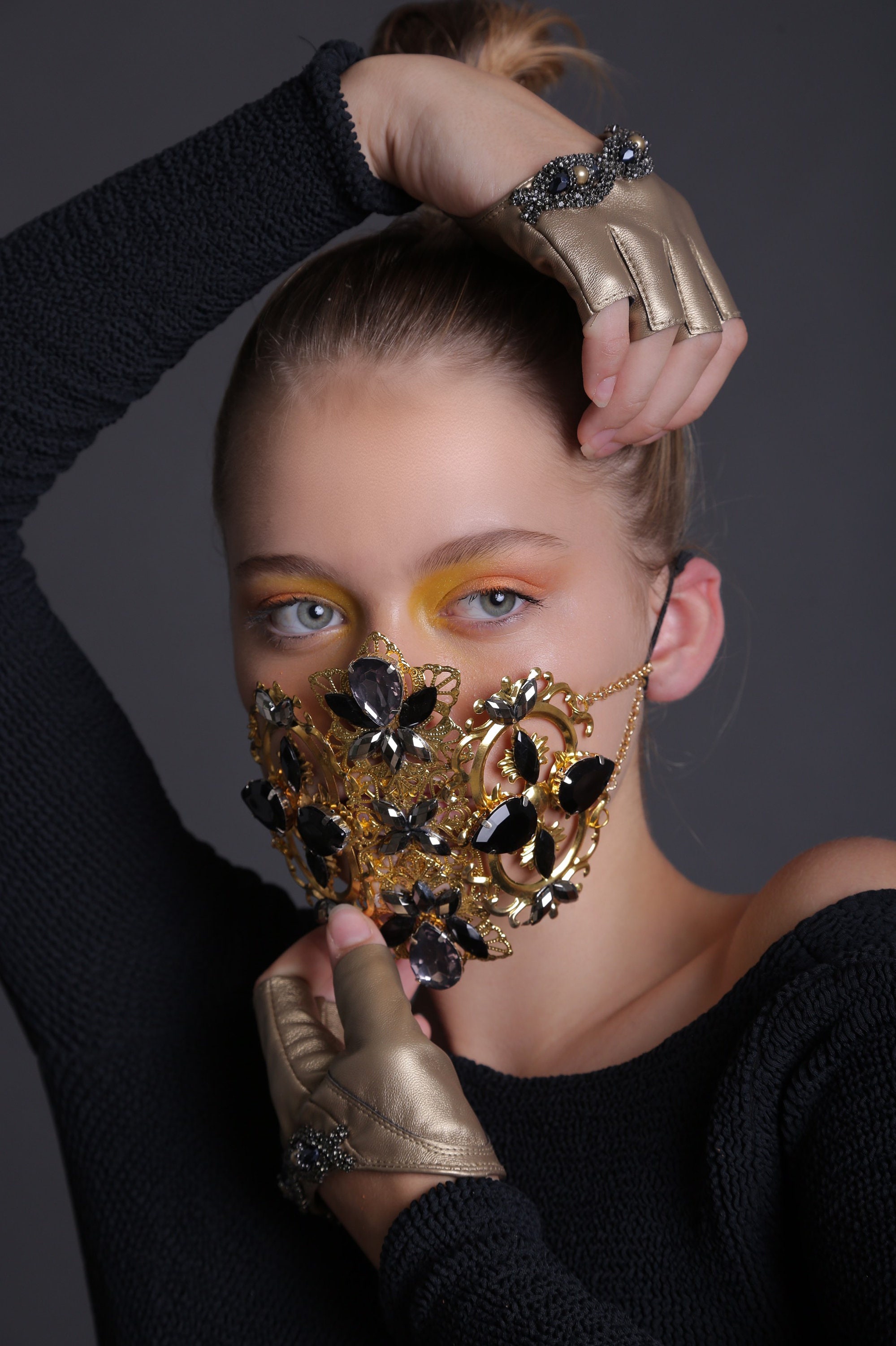 Crystal Mouth Face Mask Gold Black Driver Gloves Rave Festival Burning ...