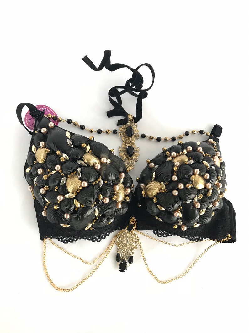 Mermaid Bra Shell Black Fishing Net Gold Dance Seashell Raw Wedding Top ...