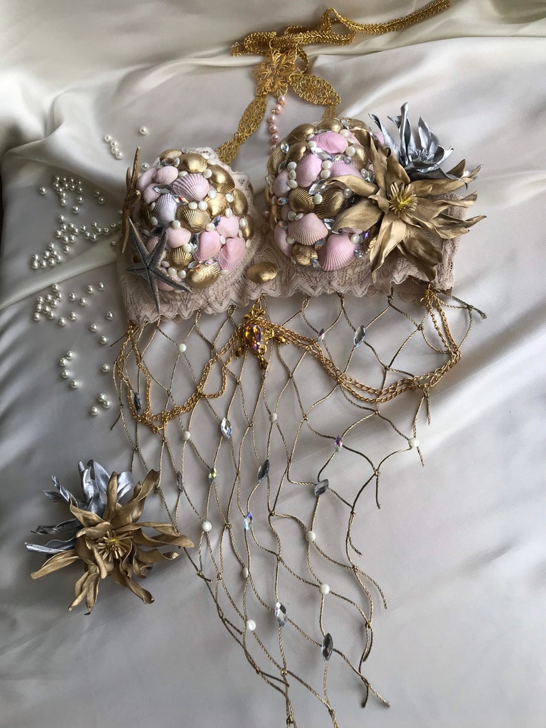 Mermaid Bra Seashell Top Siren Shell Gold Pink Dance Fishnet Star Raw ...