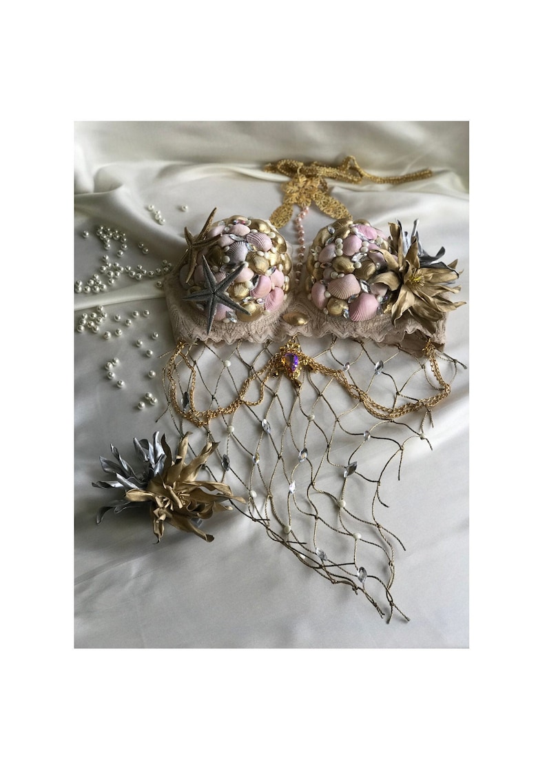 Mermaid Bra Seashell Top Siren Shell Gold Pink Dance Fishnet Star Raw ...