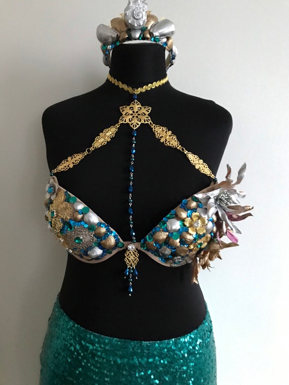 Halloween Mermaid Bra Top Shell Goddess Aquamarine Gold Crown | Etsy