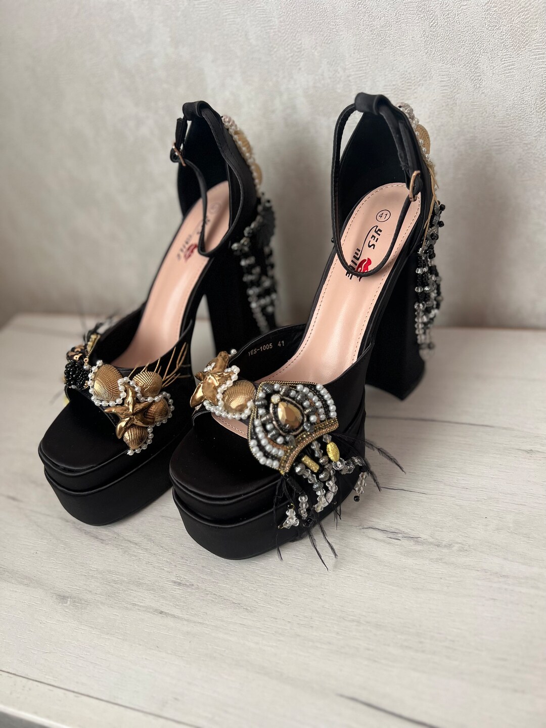 Custom Mermaid Black Gold Shoes Wedding Bride Faerie Fantasy Heels ...