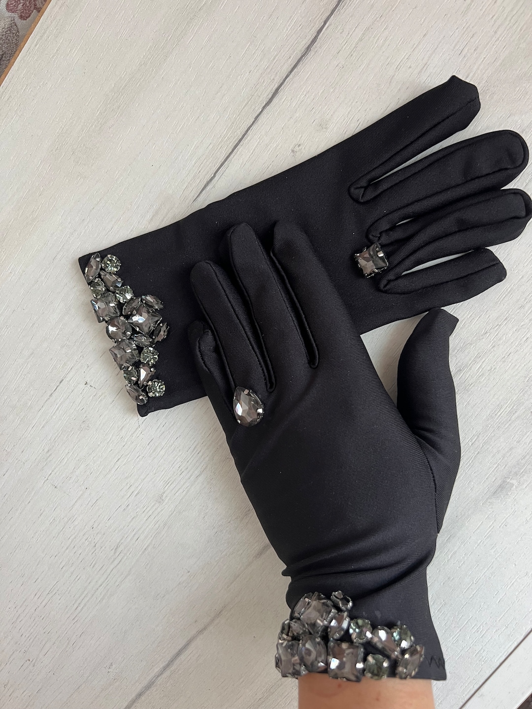 Black Gloves With Rhinestones Custom Design Embroidery Fashion Party ...