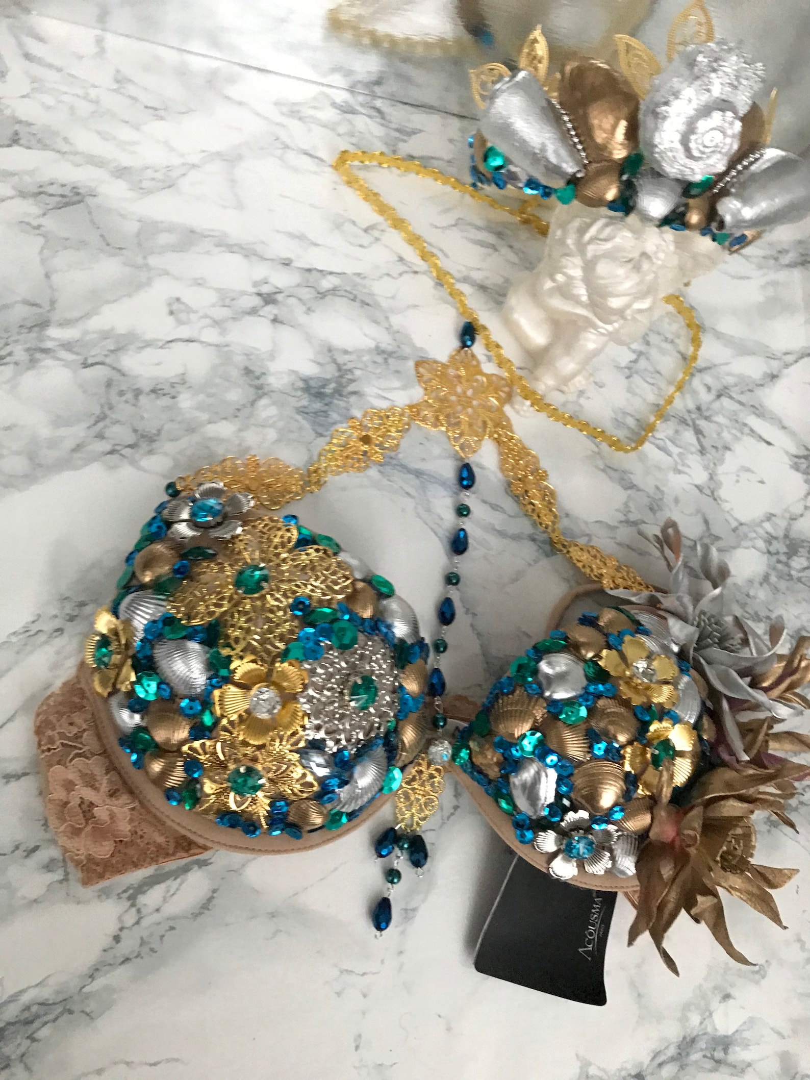 Halloween Mermaid Bra Top Shell Goddess Aquamarine Gold Crown | Etsy